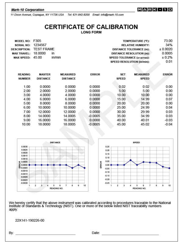 CERT-DS Certificate of Calibration - Distance & Speed | Mark-10 Force ...